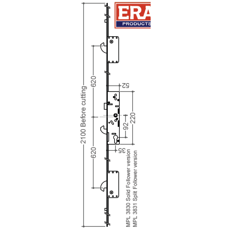 ERA / Saracen 3 Hook 2 Roller 35mm Backset Multi Point Door Lock with Serrated Drive - Split Spindle